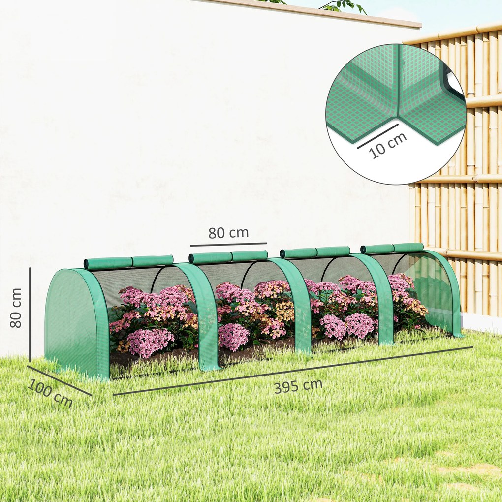 Mini skleník Outsunny - mini tunelový skleník pro pěstování rajčat 4 x 1 x 0,8 m, ocel, vysokohustotní PE 140 g/m², proti UV, 4 dveře s rolovacím zip…