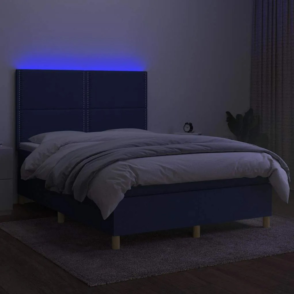 Box spring postel s matrací a LED modrá 140x200 cm textil 3135363