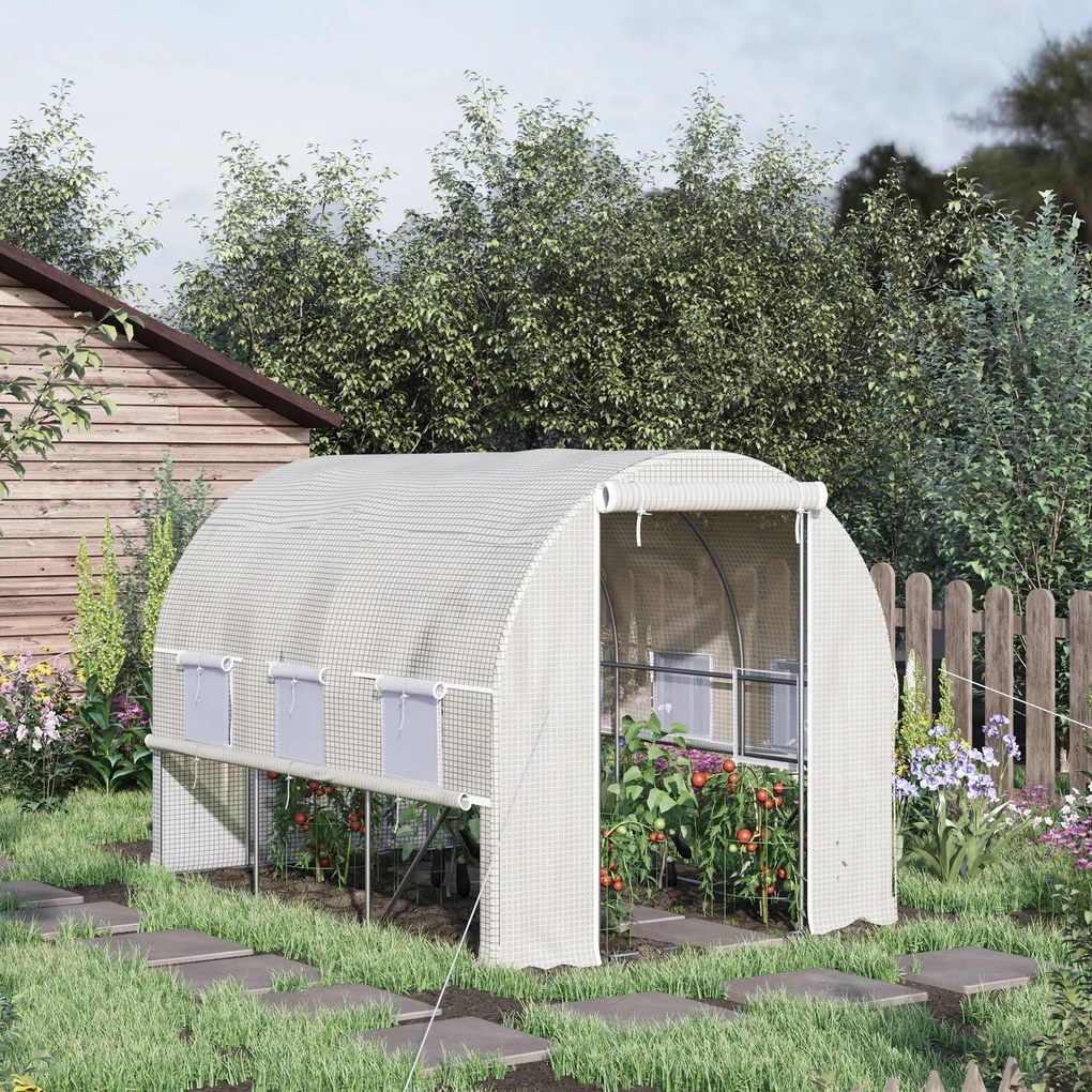 Fóliový skleník Outsunny 2,95x2x2m s rolovacími okny, UV ochrana a ochrana proti větru, ocelová konstrukce v bílé barvě