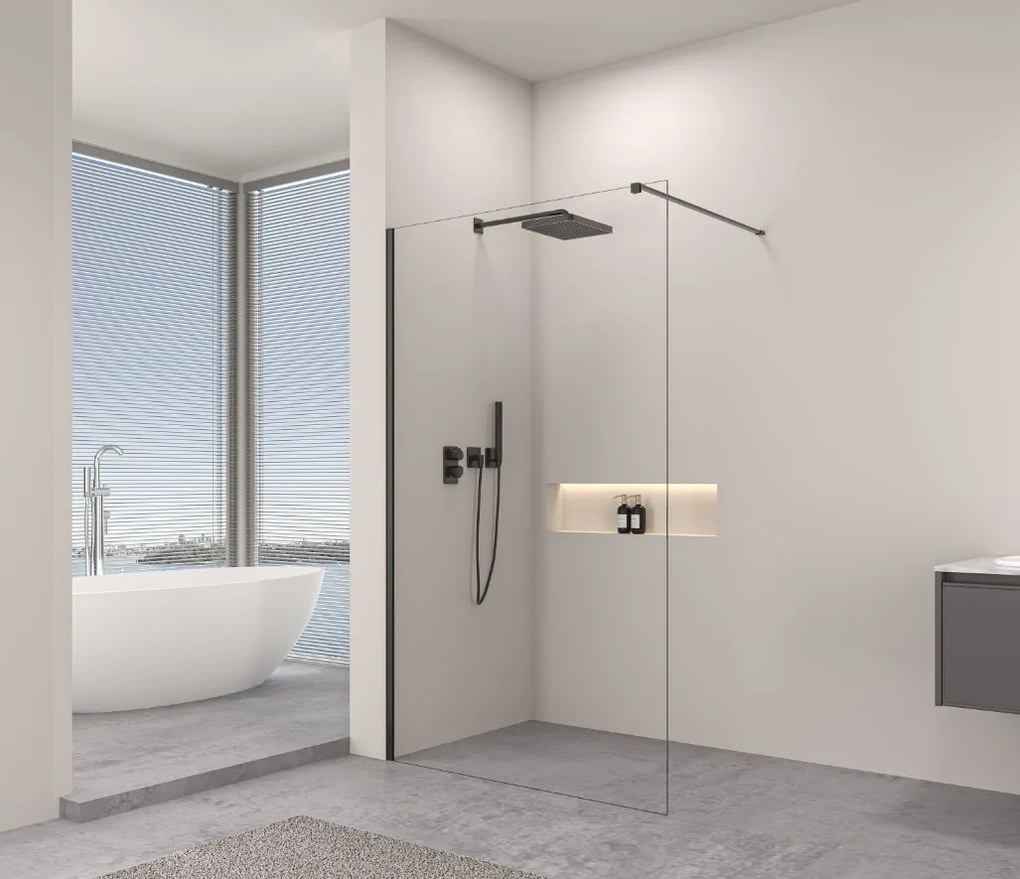 Erga Paris, sprchová zástěna Walk-In 90x200 cm, 8mm čiré sklo, černý profil, ERG-V02-PARIS-090x200-CL-BK