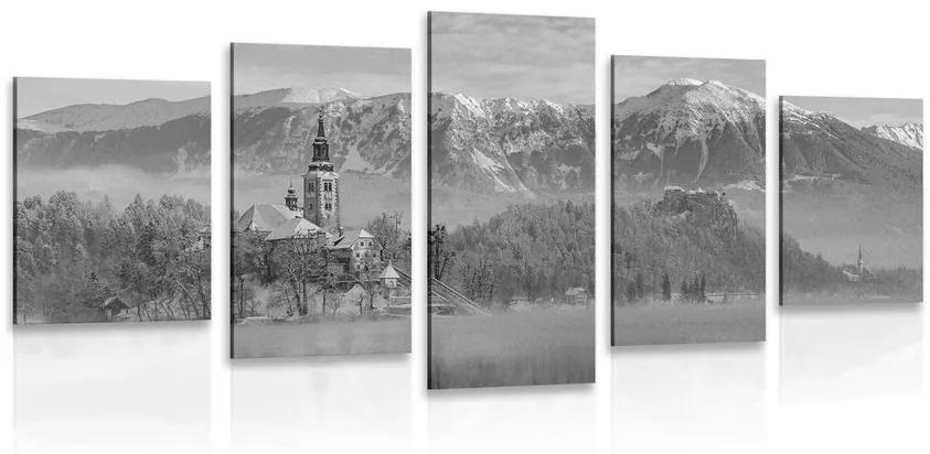 5-dílný obraz kostel u jezera Bled ve Slovinsku v černobílém provedení Varianta: 100x50