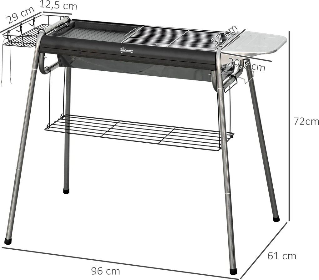 Outsunny Přenosný gril na dřevěné uhlí s nerezovou grilovací miskou a úložným regálem pro zahradu a kempování 96x61x72 cm Černý