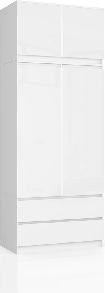 Šatní skříň s nástavbou S90 2D2SZ bílá/bílý lesk