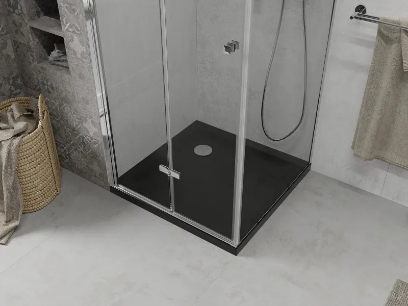 Mexen Lima, sprchový kout se skládacími dveřmi 80 (dveře) x 80 (stěna) cm, 6mm čiré sklo, chromový profil + slim sprchová vanička černá + chromový sifon, 856-080-080-01-00-4070