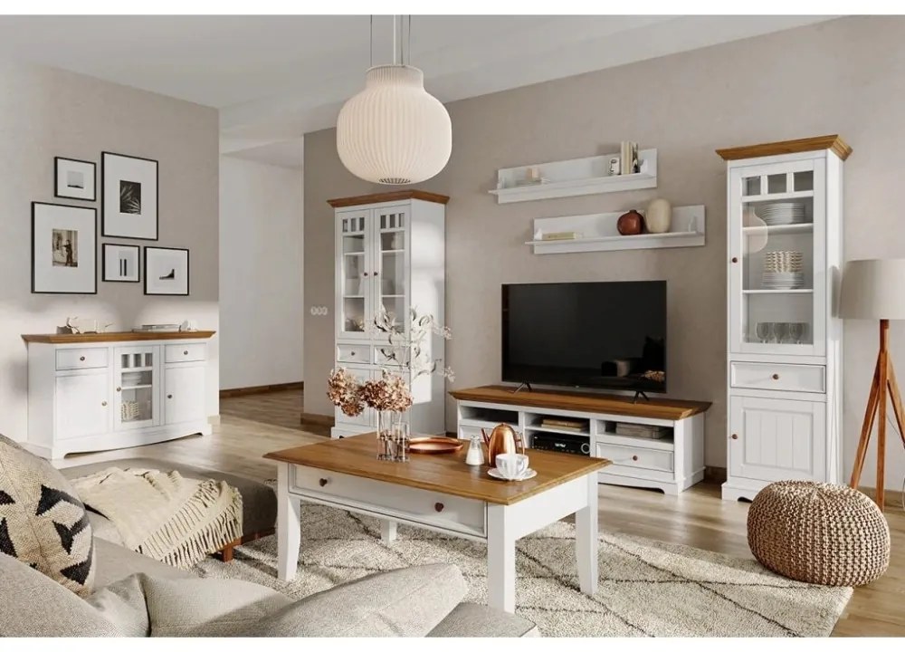 Massive home | Belluno Elegante bílá komoda 3D2S z masivu s dubovou deskou