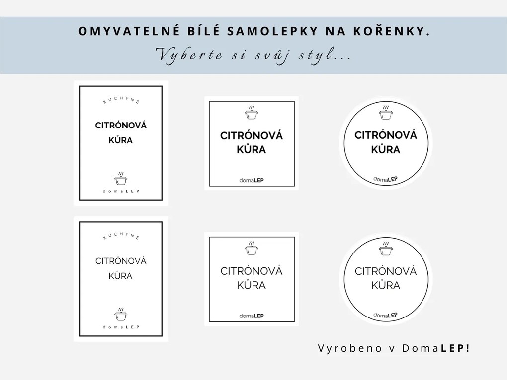 CITRÓNOVÁ KŮRA - omyvatelná samolepka na kořenky, výběr rozměrů Ø 5 cm / 5 x 5 cm / 6 x 8 cm | DomaLEP tvar: ČTVEREC, barva: BÍLÁ - ČERNÉ písmo, velikost: š. 5 cm x v. 5 cm - tučné písmo