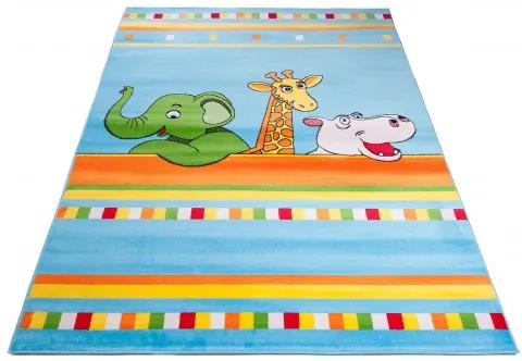 Dětský kusový koberec KINDER C760A Slon Žirafa Hroch modrý Rozměr: 120x170 cm