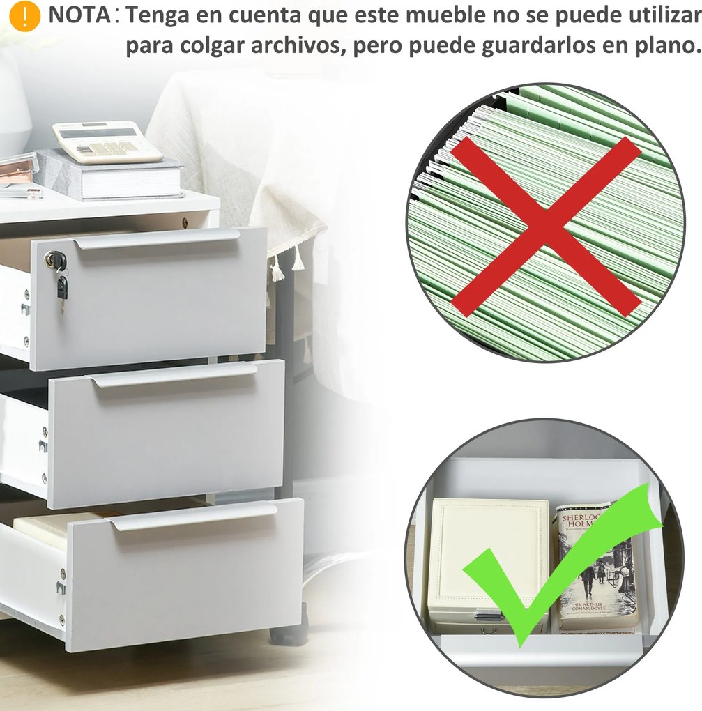 HOMCOM zásuvková jednotka se 3 zásuvkami – kancelářský file cabinet s kolečky, zámkem a 2 klíči pro domácí kancelář 40x40x63,5 cm bílá a šedá