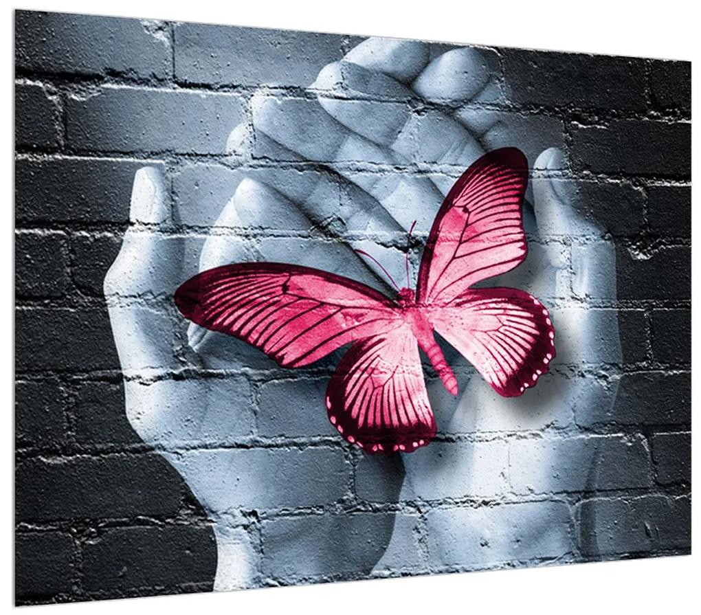 Moderní obraz dlaní s motýlem (70x50 cm)