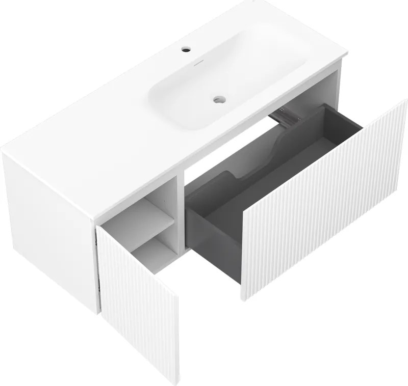 Mexen Rivel, koupelnová skříňka 120 cm s pravým umyvadlem Vela, 1S, 1D, drážkovaná, bílá matná, 91A23-12047-3-BBFF01-W23P01
