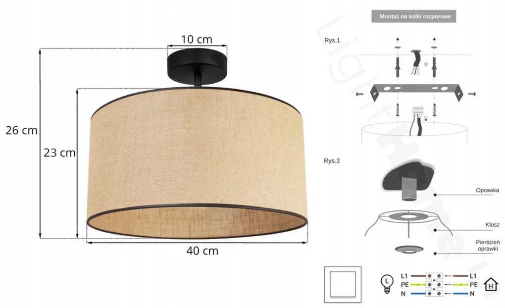 Stropní svítidlo Juta, 1x jutové stínítko, (výběr ze 2 barev konstrukce), (fi 40cm), bl