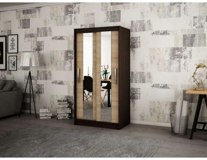 Šatní skříň Josefa s posuvnými dveřmi a zrcadly 100 v barvě wenge-dub sonoma