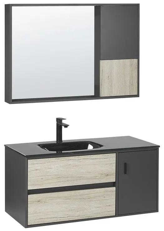 Sada koupelnového nábytku se zrcadlovou skříňkou 100 cm světlé dřevo / černá TERUEL Beliani