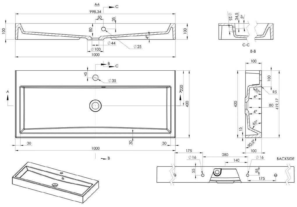 Sapho, ORINOKO umyvadlo 100x42cm, litý mramor, bílá, OR100