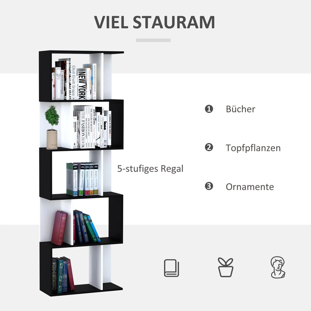 HOMCOM 5-patrová knihovna ve tvaru S, moderní design pro obývací pokoj a kancelář 60x24x184,5 cm Černá a bílá