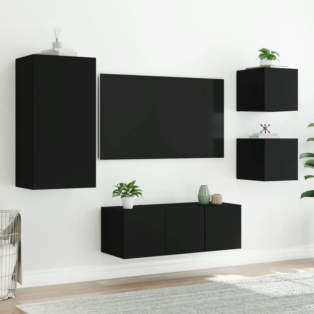 5dílná obývací stěna s LED osvětlením černá kompozitní dřevo - Default Title