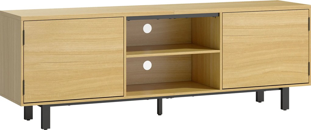 HOMCOM TV stolek 160 cm – pro TV do 165 cm (65 palců), 2 bezúchytková dvířka s push-to-open, 2 otevřené police, kovové nohy, přírodní dekor