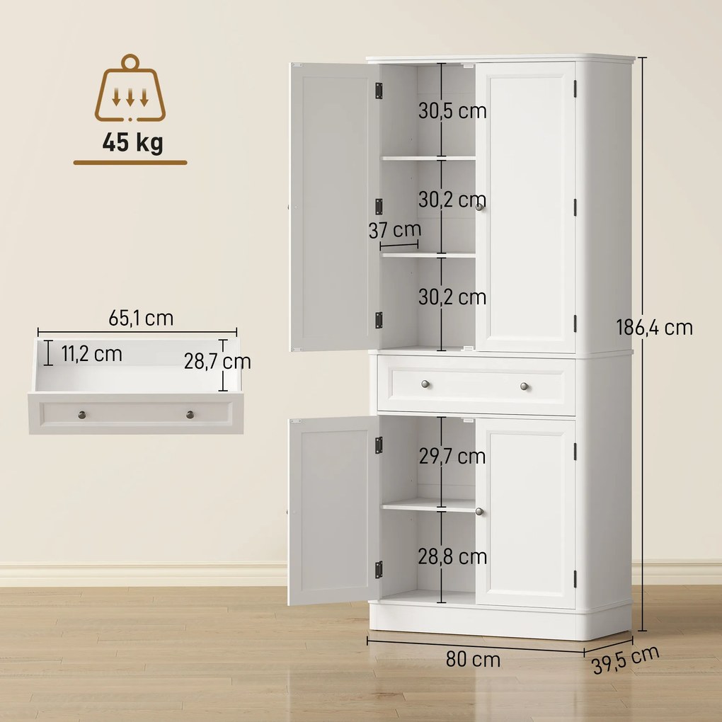 HOMCOM 186,4 cm vysoká kuchyňská skříň se čtyřmi dvířky, zásuvkou a nastavitelnými policemi, bílá – 80 x 39,5 x 186,4 cm