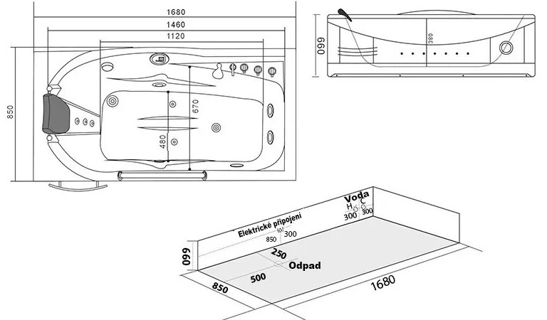 BPS-koupelny Hydromasážní vířivá vana Ramzes 634 168x85 s ohřevem vody