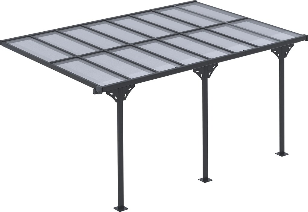 Hliníková pergola ke zdi 4,35 × 3,02 m, zastřešení terasy s polykarbonátovou střechou, výškově nastavitelná, šedá