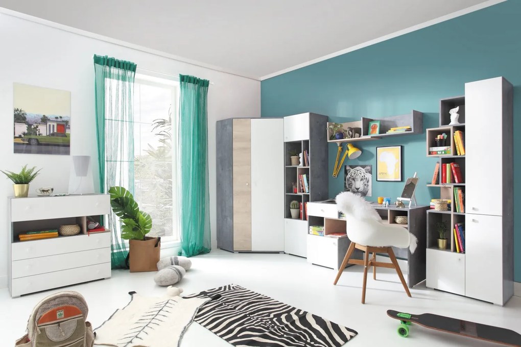 Rohová šatní skříň SIGMA SI2 Beton + bílá lux + dub