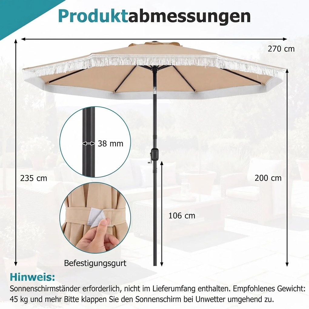 Costway Slunečník 270 cm s funkcí klikání a naklápění, béžový