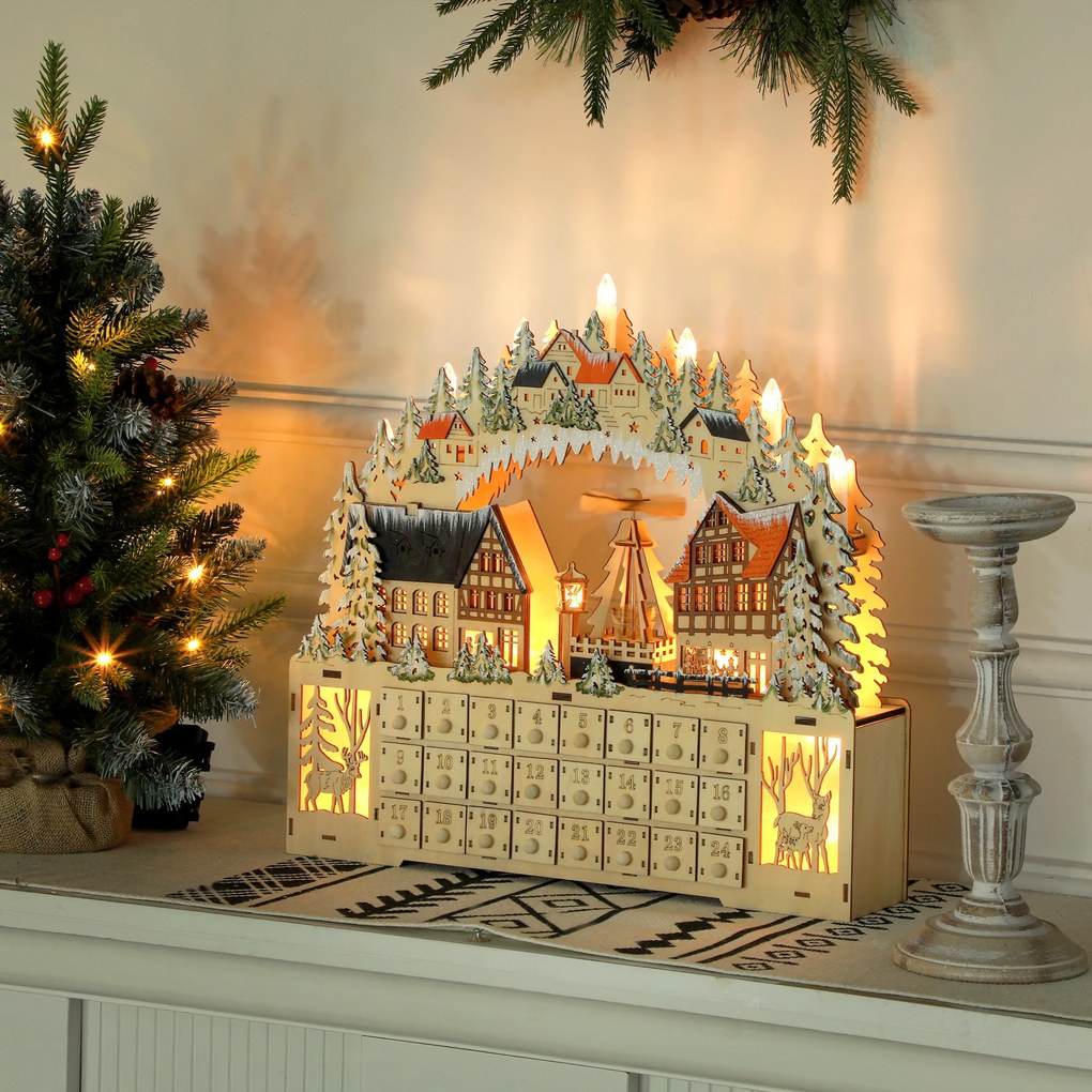 HOMCOM Adventní kalendář, vánoční vesnička, 18 LED světýlek, 24 zásuvek, opakovaně použitelný, 45 x 9 x 42,5 cm