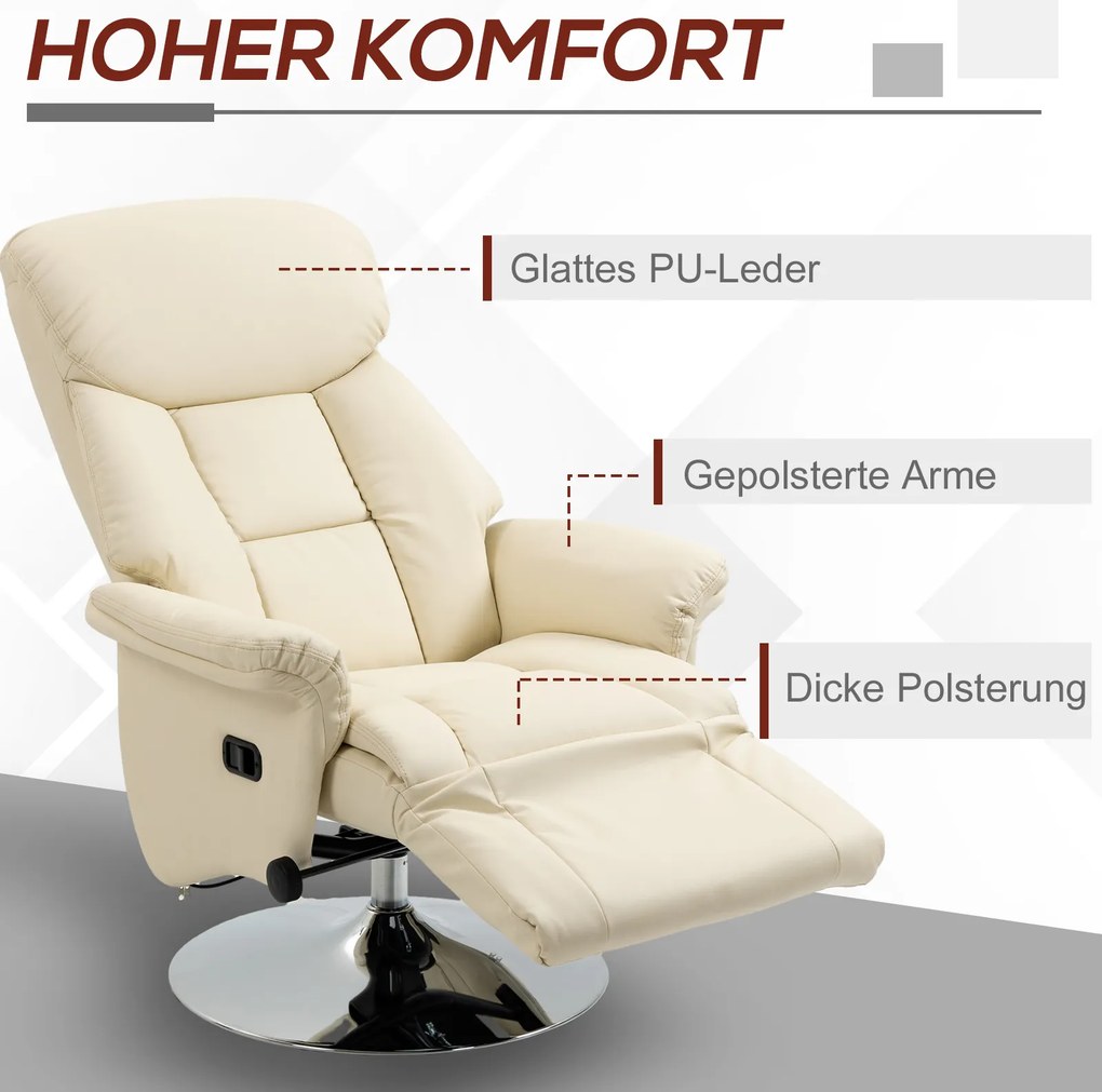 HOMCOM Relaxační křeslo s nastavitelnou opěrkou a 360° otočením, umělá kůže, do 150 kg, pro obývací pokoj, ložnici, domácí kino, krémové