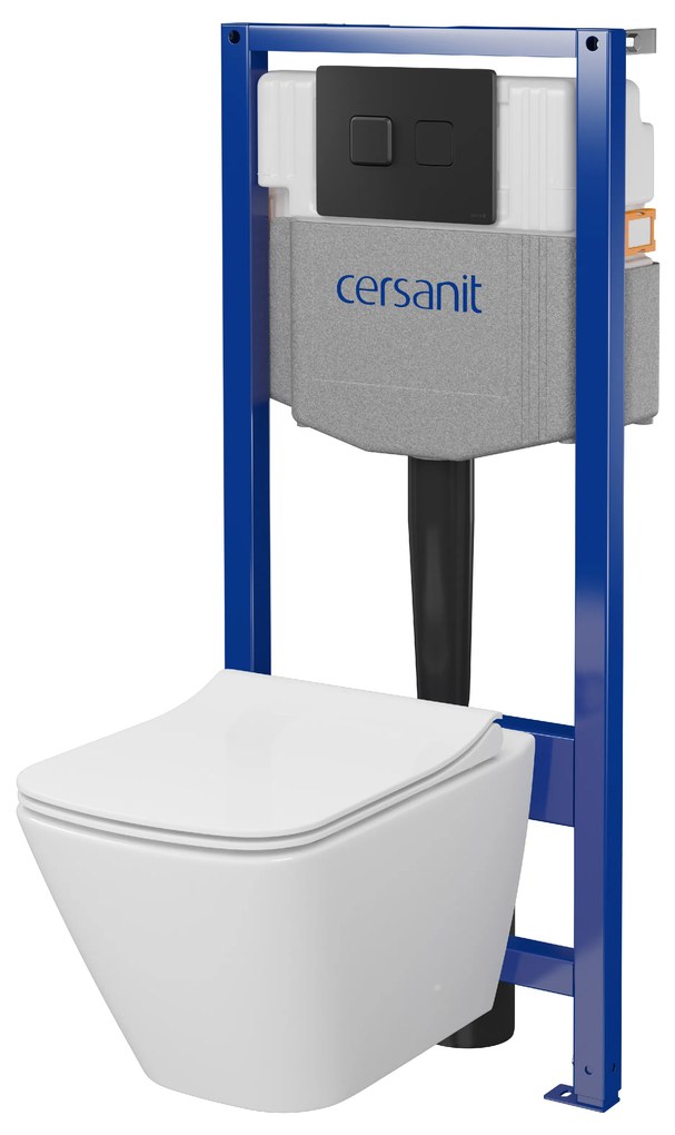 Cersanit City, System50 PNEU podomítkový rám + závěsná wc mísa City Square CleanOn + černé tlačítko Circle, S701-777