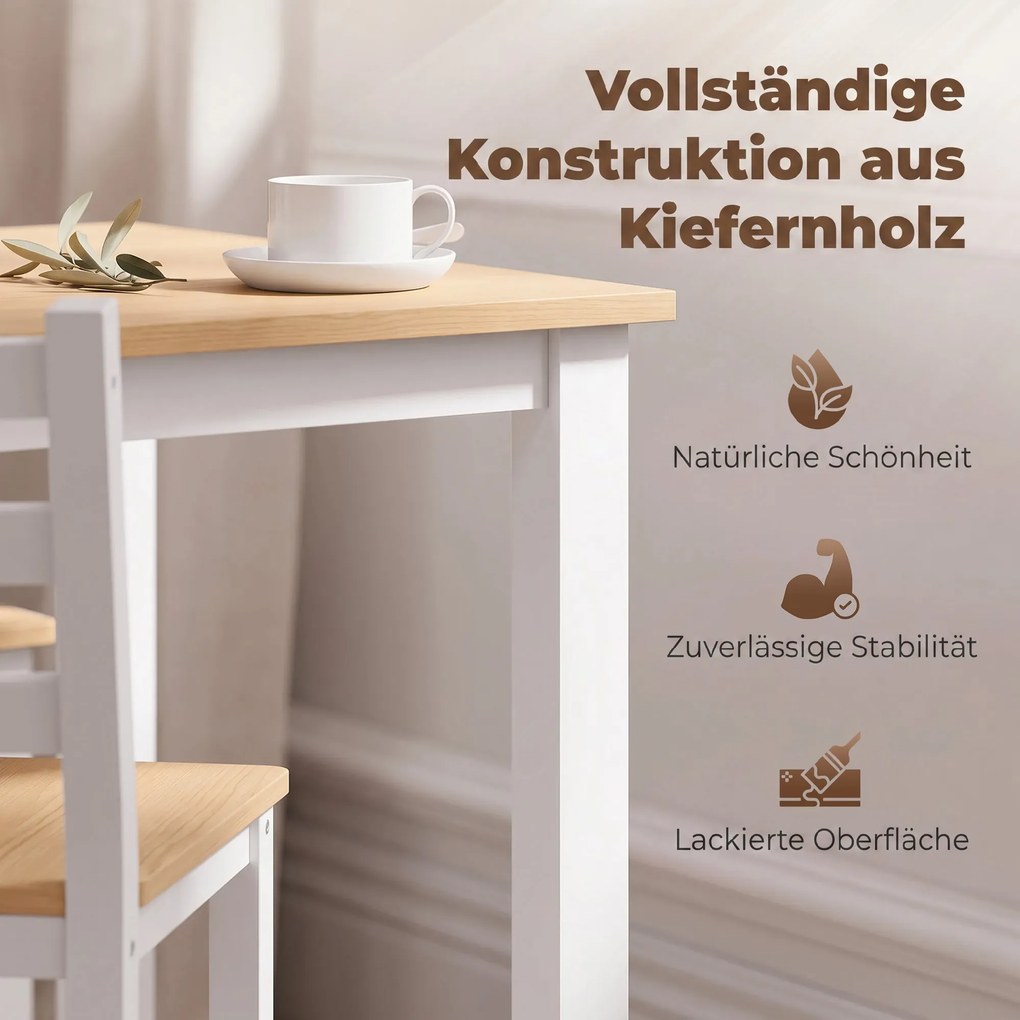 HOMCOM 5dílná jídelní sestava pro 4 osoby, venkovský jídelní stůl a židle z masivního dřeva, přírodní/bílá