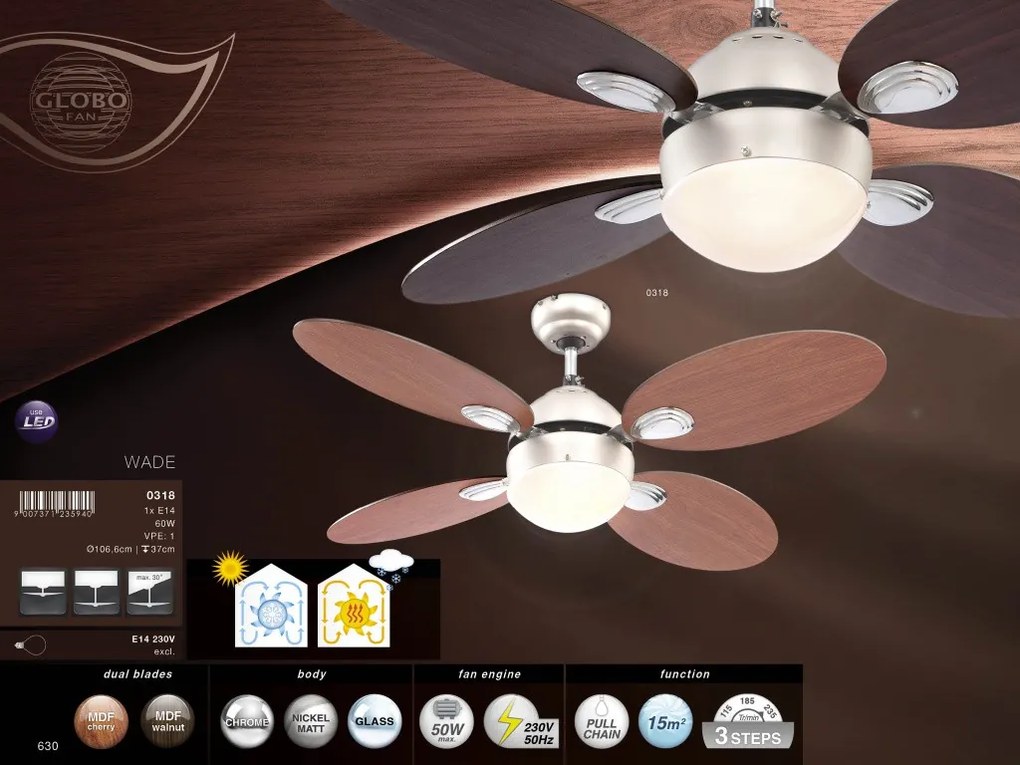 GLOBO STROPNÍ SVÍTIDLO S VENTILÁTOREM WADE 0318