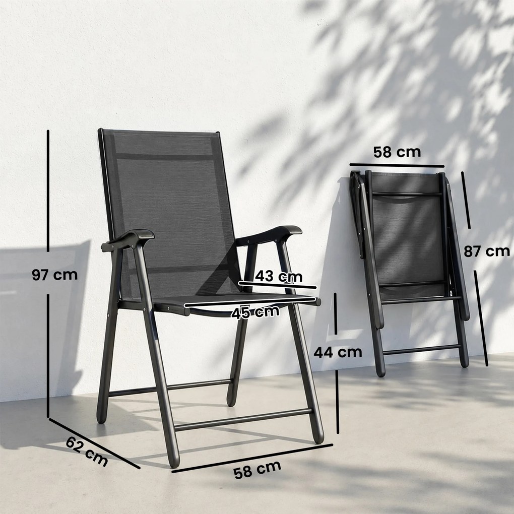 Outsunny sada 2 skládacích zahradních židlí — vysoké opěradlo a područky, ocelový rám, černé Textilene, 58 x 62 x 97 cm