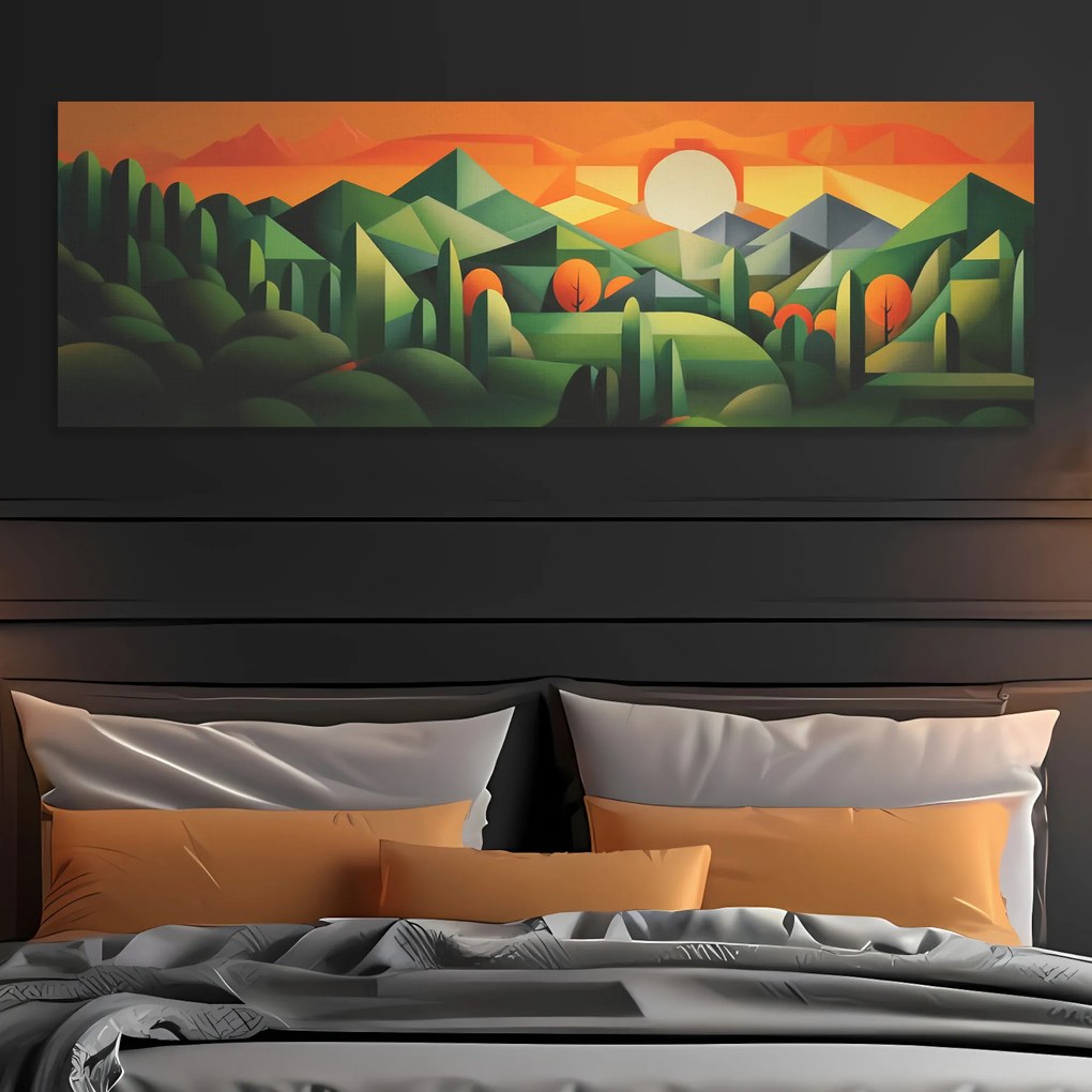 Obraz na plátně - Lesní krajina se západem slunce, abstrakce FeelHappy.cz Velikost obrazu: 150 x 50 cm