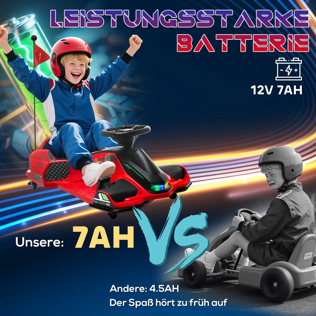 HOMCOM Dětský elektrický Go-Kart 12V 3-8km/h Drift Kart s drift módem, pomalým startem, Go-Kart s osvětlením a hudbou, bezpečnostním pásem pro děti v…
