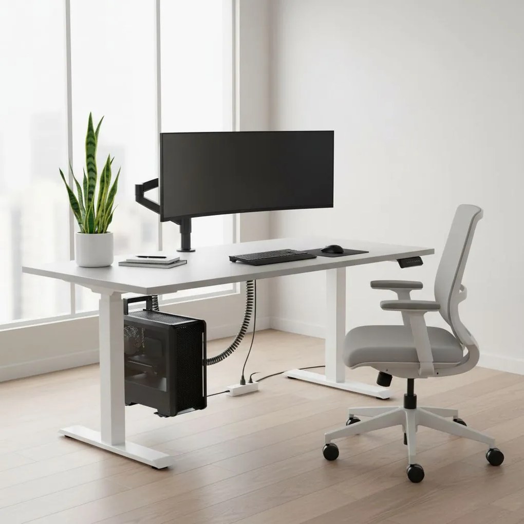 Výškově nastavitelný stůl OfficeTech D, 180 x 80 cm, bílá podnož, světle šedá