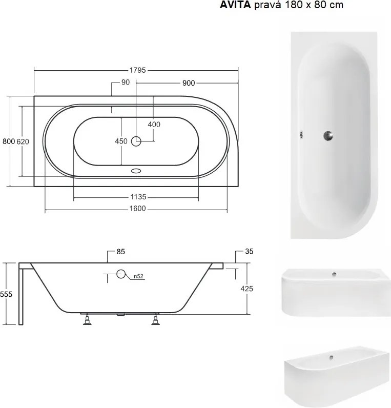 Besco Avita asymetrická vana 180 x 80 cm pravá bílá VANAVIT180P