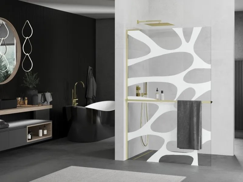 Mexen Kioto+ L, sprchová zástěna Walk-In s poličkou a věšákem 110 x 200 cm, 8mm čiré sklo bílý vzor, zlatý lesklý profil, 800-110-123-50-97