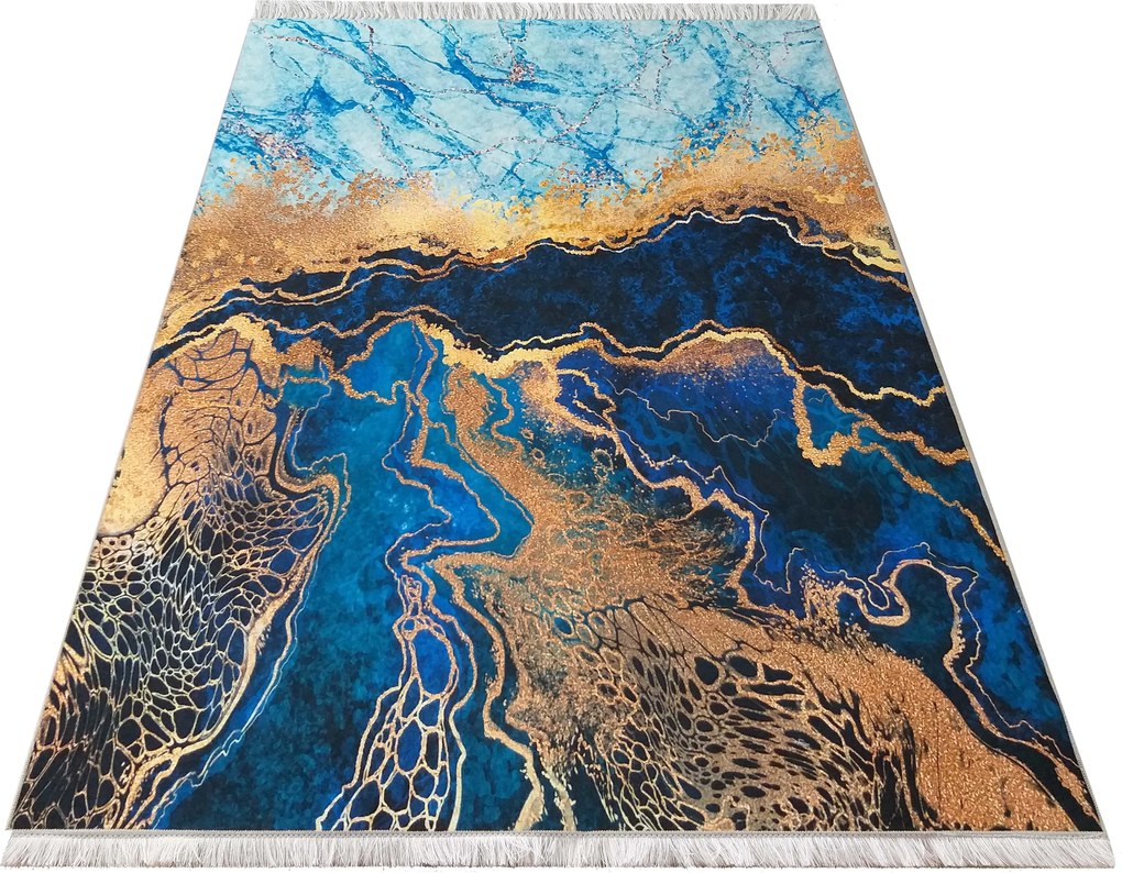 DY Modrý koberec se zlatým abstraktním vzorem Horeca-New 111S Rozměr: 80x150 cm
