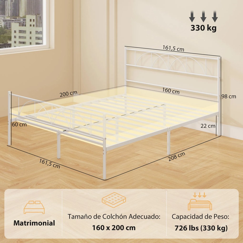 HOMCOM rám postele 160x200 cm s čelem postele, kovovým roštem a úložným prostorem pod postelí