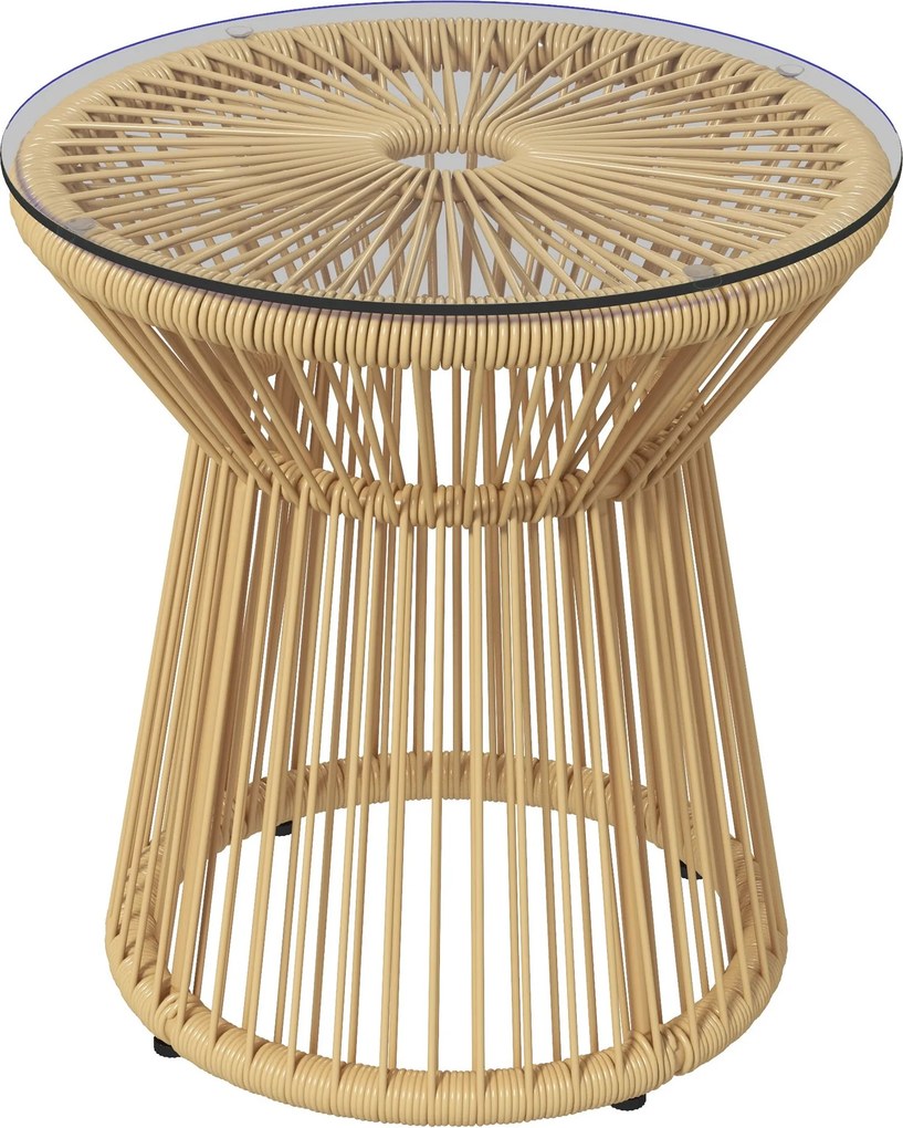 Outsunny Kulatý boční stolek ze syntetického ratanu s temperovaným sklem a kovovým rámem, 30 kg nosnost, pro patio, zahradu, balkon Ø40x42 cm Béžová |