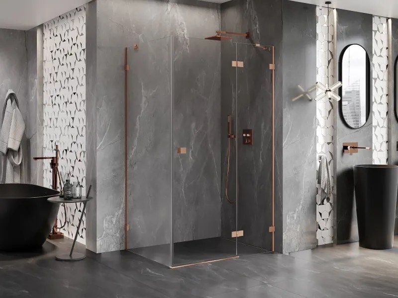Mexen Lunar, pravostranný výklopný sprchový kout 85 x 90 cm, 8mm čiré sklo, měděný matný profil, 834-085-090-65-00-P