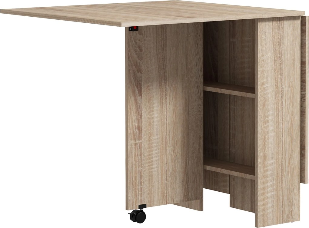Skládací jídelní stůl HOMCOM – Sklápěcí stůl do kuchyně s kolečky, sklápěcími křídly a policemi pro 4-6 osob 75x140x74 cm Přírodní