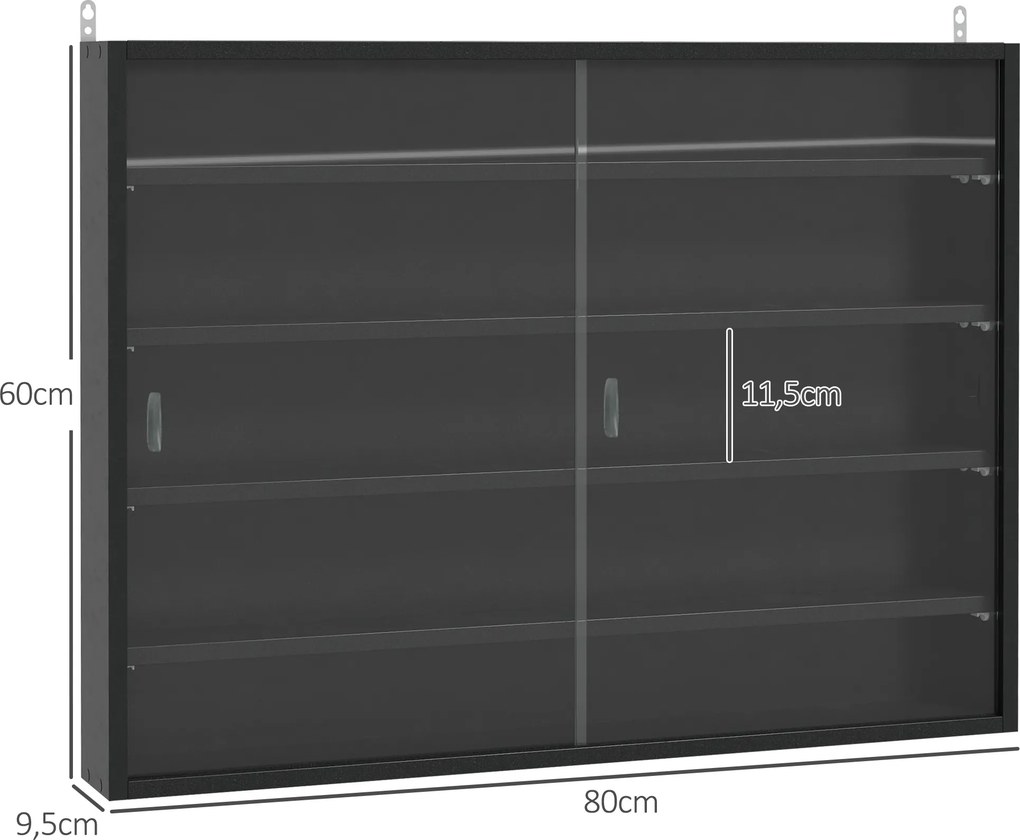 HOMCOM Nástěnná vitrína s nastavitelnými policemi a 2 skládacími skleněnými dveřmi na kolekce parfémů a dekorativních figurek 80x9.5x60 cm Černá