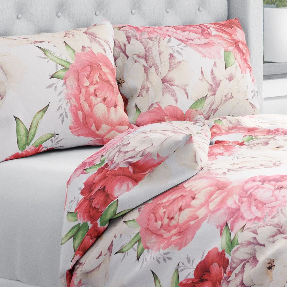 Biante Bavlněné ložní povlečení Sandra SA-746 Velké růžovo-béžové pivoňky na bílém Prodloužené 140x220 a 70x90 cm