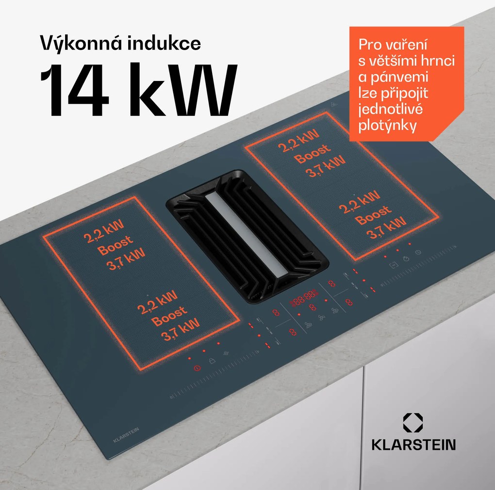 Klarstein AirJet FlexPro Down Air System, Indukční varná deska + digestoř, Flexi zóna, Booster
