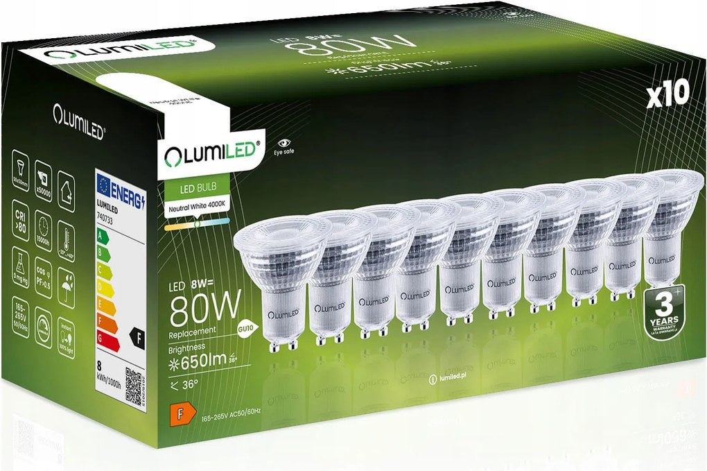 10X Led žárovka GU10 8W 650lm 4000K Neutrální reflektor Stmívatelná