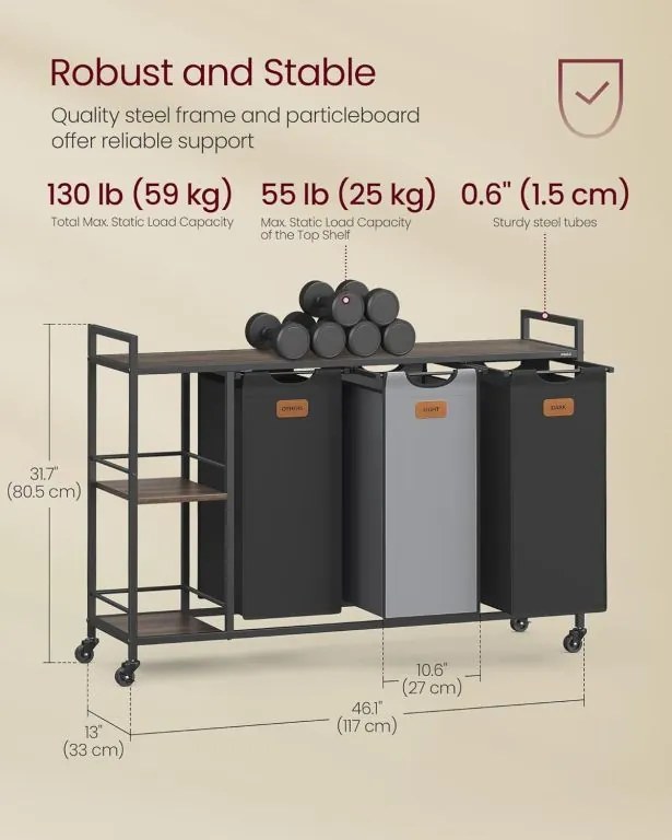 Koš na prádlo 150 L, 3 přihrádky, hnědo-černý