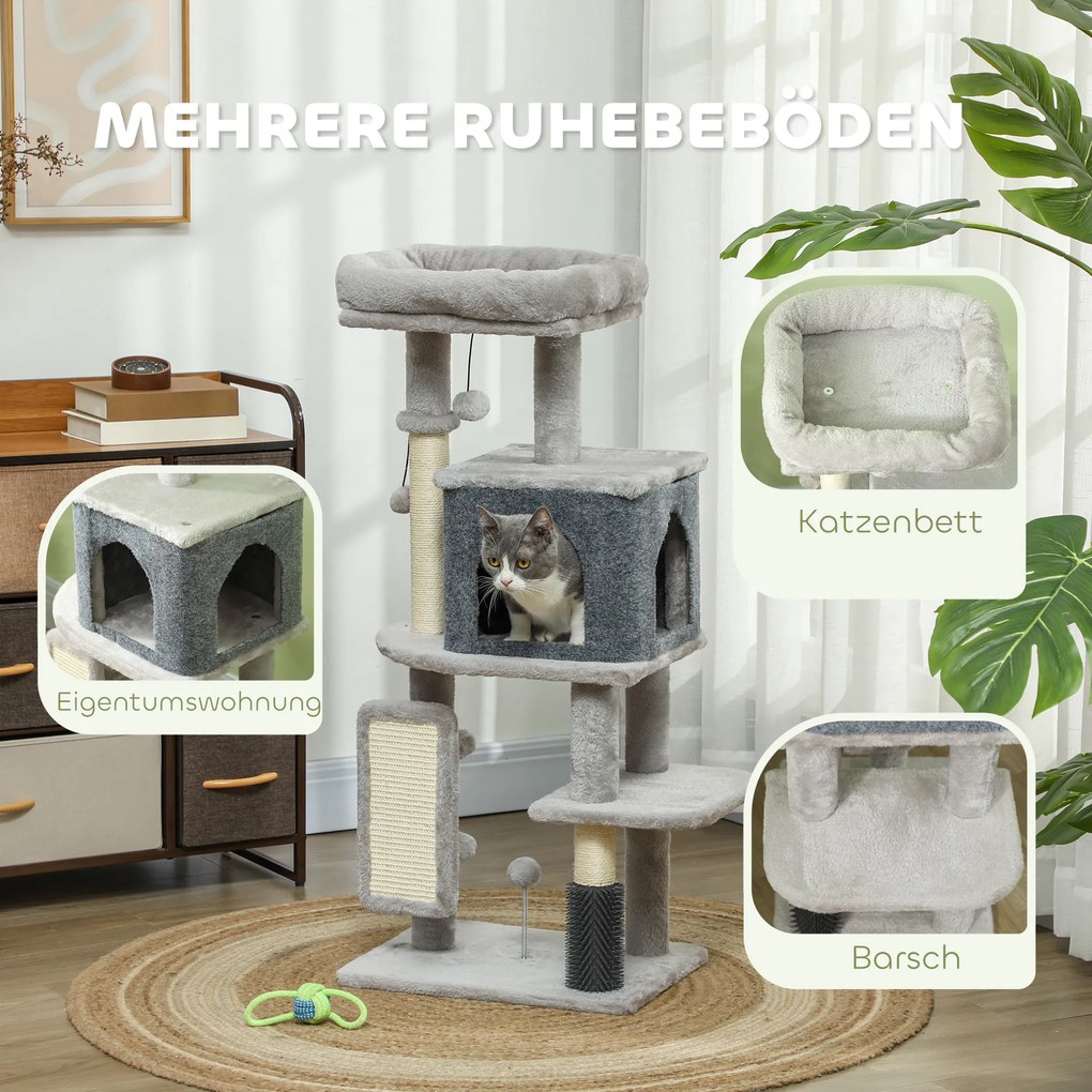 Škrabadlo 104 cm Kočičí strom s kočičí jeskyní Postel Sisalové škrabadlo Škrabadlo Plyšové míčky pro kočky do 5 kg Světle šedá barva
