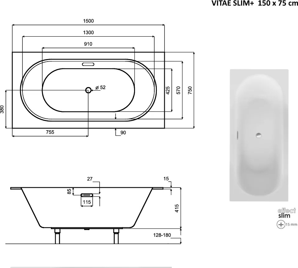 Besco Vitae Slim+ obdélníková vana akrylátová 150 x 75 cm s nožičkami sifon černá barva bílá VANVIT15SLIMPLB+OLVPINOZ