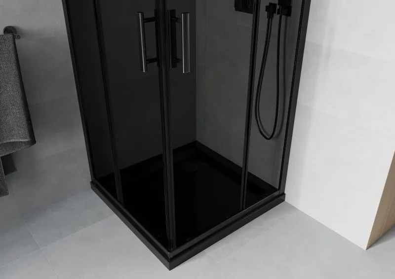 Mexen Rio, čtvercový sprchový kout 80(dveře)x80(dveře)x190 cm, 5mm šedé sklo, černý profil + černá sprchová vanička SLIM, 860-080-080-70-40-4070B